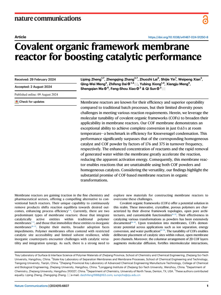 Covalent organic framework membrane reactor for boosting catalytic performance | PDF