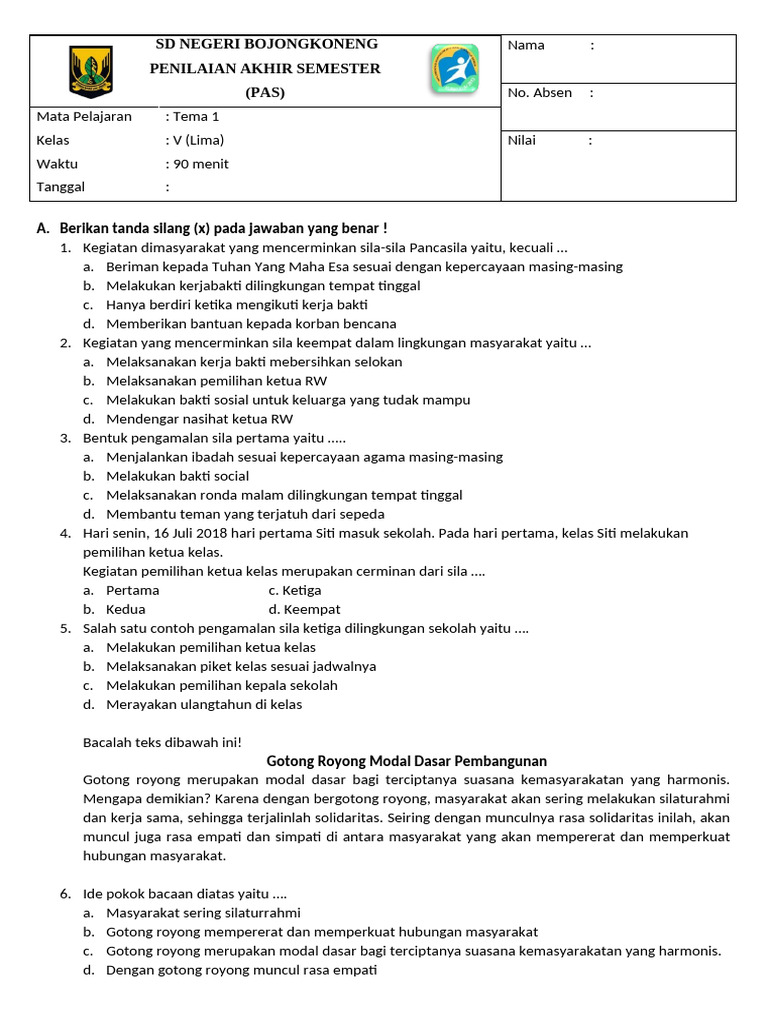 Soal PAS TEMA 1 Kelas 5 SMT 1 | PDF