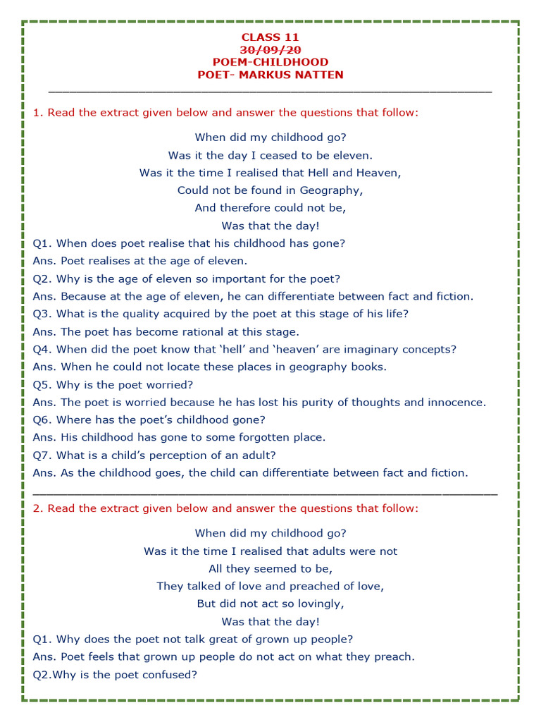 30 09 20 Class 11 Poem Childhood Extract Based Short Qa | PDF