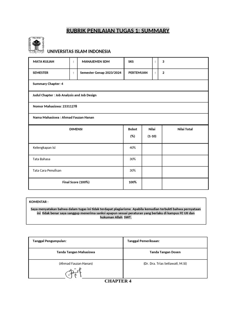RUBRIK PENILAIAN TUGAS 1 CHAPTER 4 | PDF