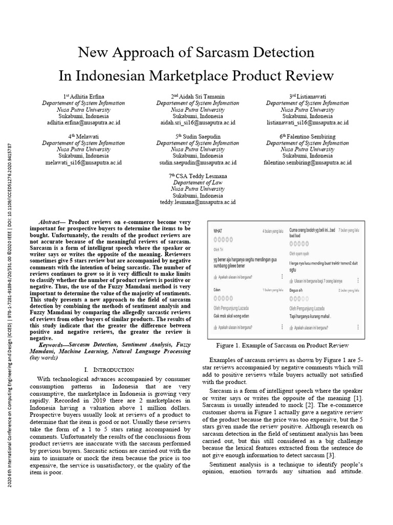 New Approach of Sarcasm Detection in Indonesian Marketplace Product Review | PDF