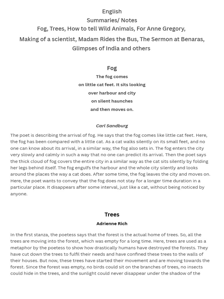 Fog Poem Explanation Notes | PDF