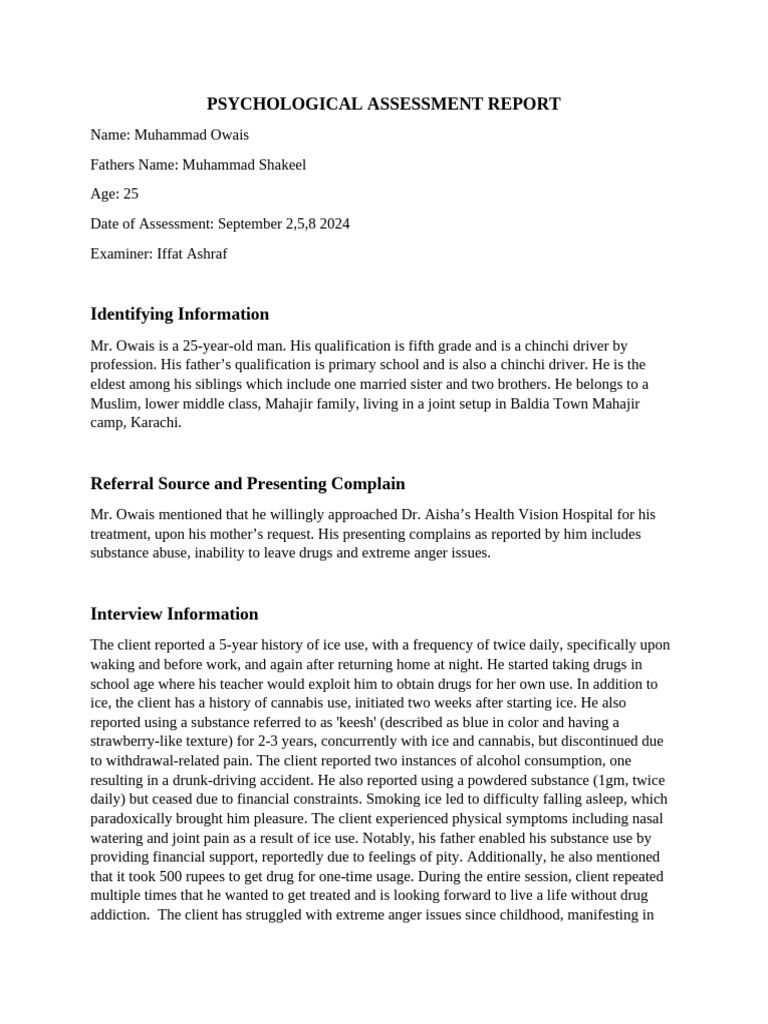 Psychological Assessment Report Internship | PDF | Substance Abuse ...