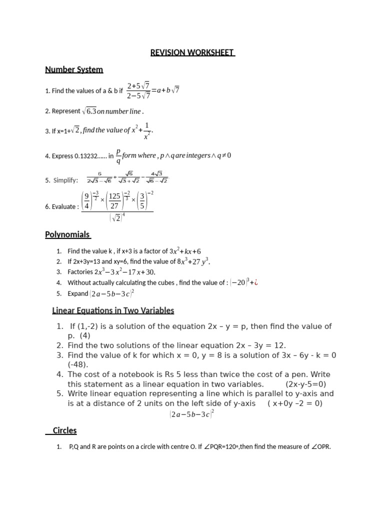 Grade9 Revision Worksheet | PDF