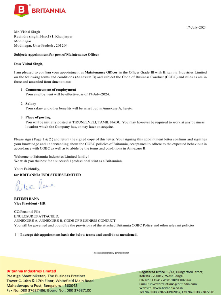 Vishal - Singh Full Appointment Letter | PDF | Employment ...