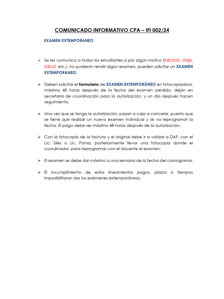 Comunicado Informativo Cpa - Ifi Examen Extemporaneo II 2024 | PDF