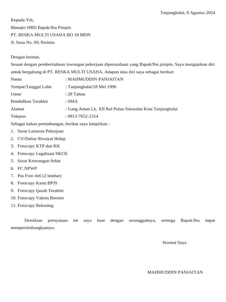 Surat Lamaran Reska Apis | PDF