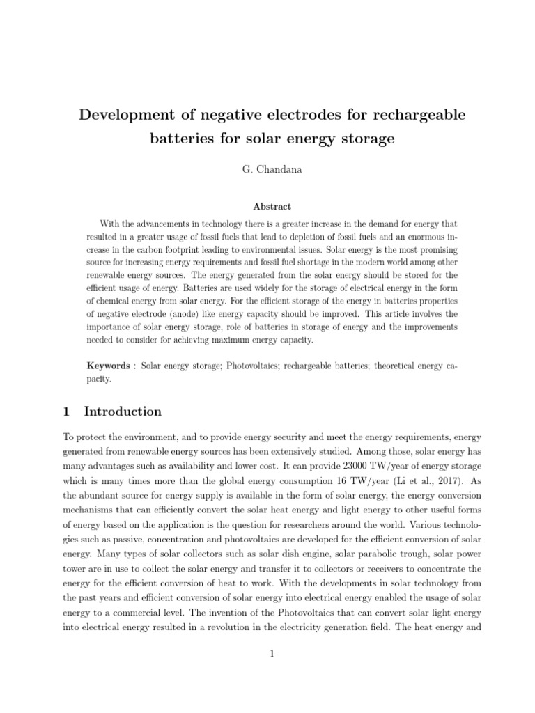 Development of Negative Electrodes For Rechargeable Batteries For Solar ...