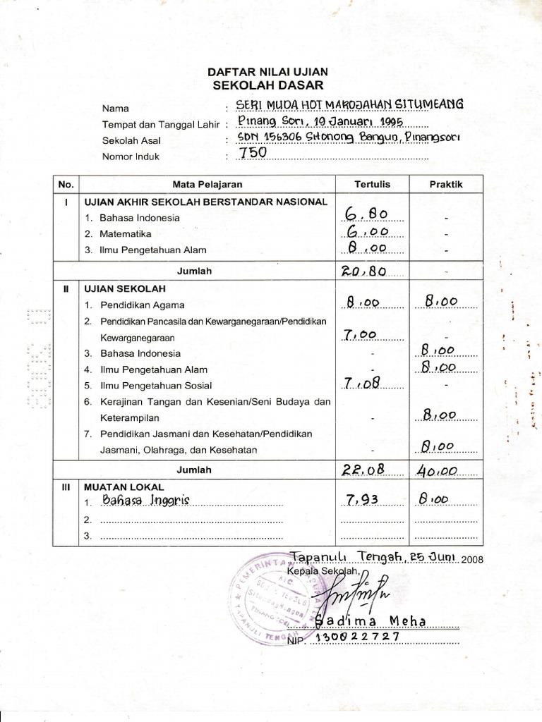 Daftar Nilai SD - Seri Muda Hot Marojahan Situmeang | PDF