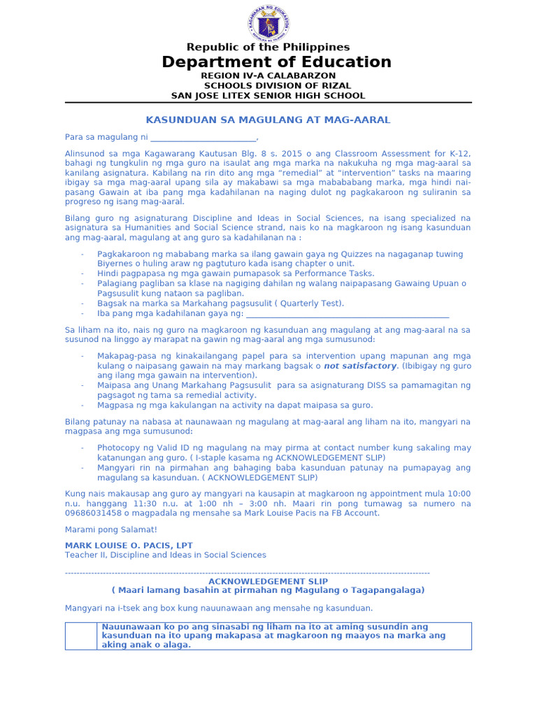 Kasunduan Sa Magulang at Mag | PDF