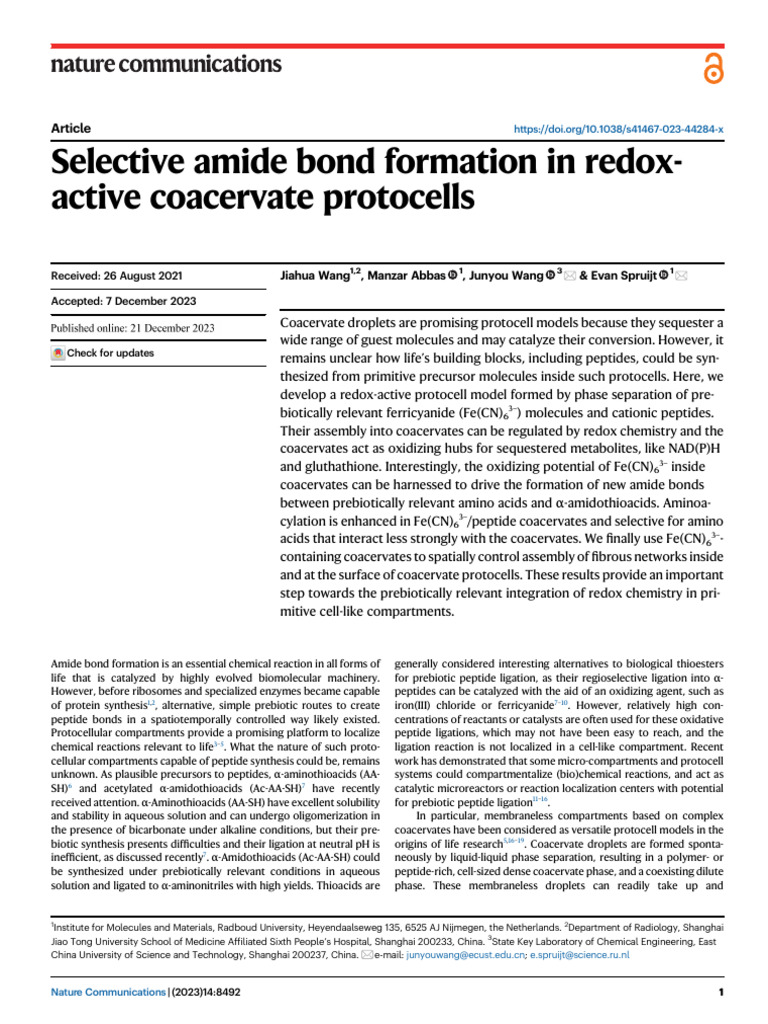 Selective Amide Bond Formation in Redox-Active Coacervate Protocells | PDF