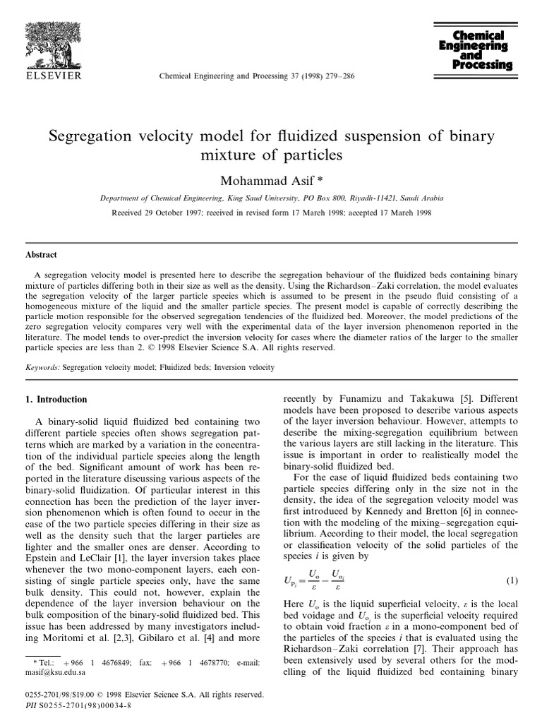 Segregation Velocity Model For Fluidized Suspension of Binary | PDF