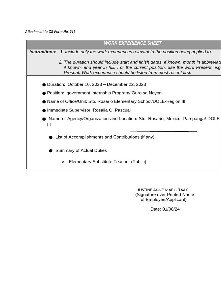 Work Experience Sheet | PDF