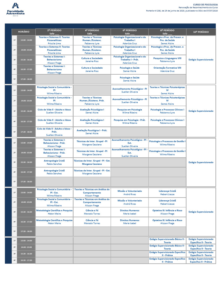 Horário de Aulas - Psic 2024.2 Atual | PDF