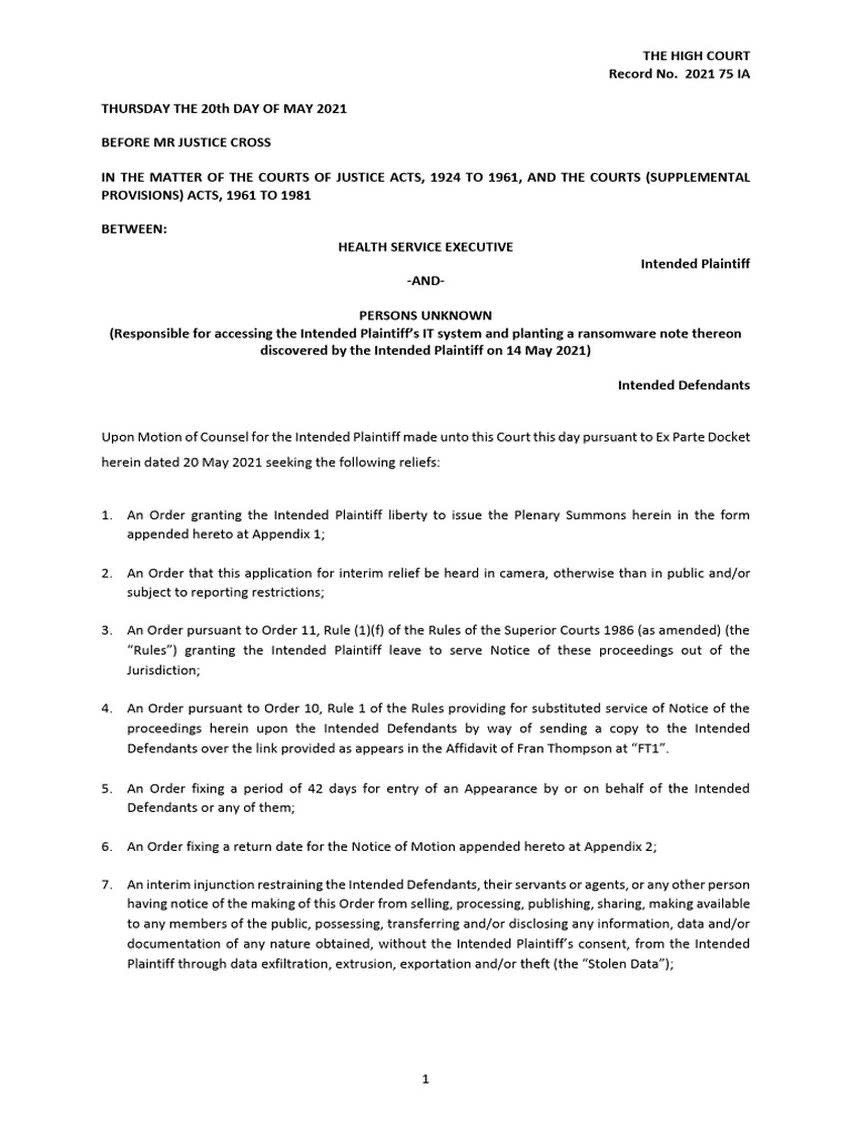 HSE High Court Ransomware Injunction | PDF | Injunction | Service Of ...