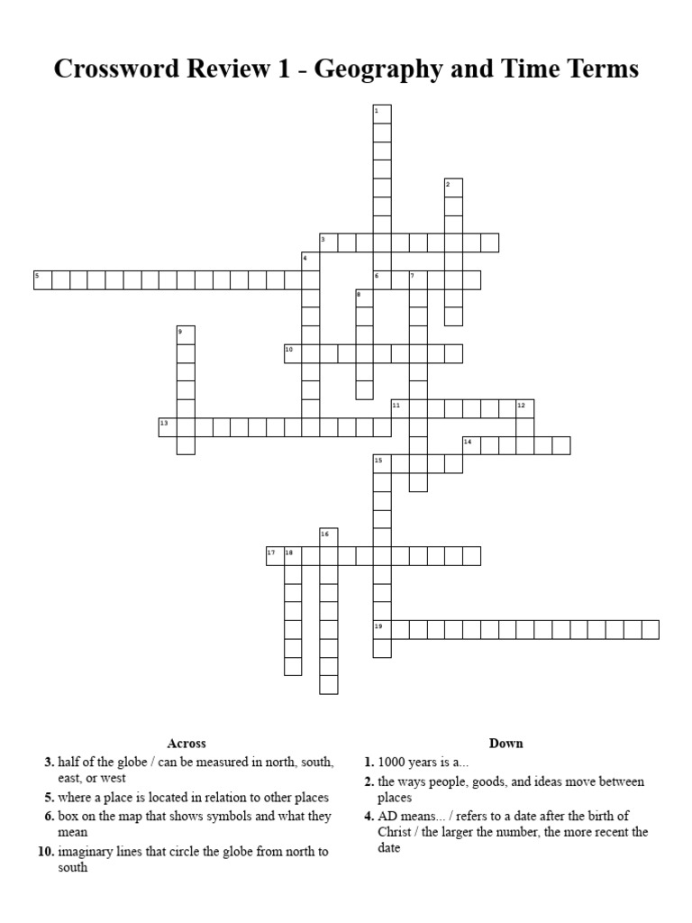 Crossword Review 1 Geography and Time Terms+ | PDF