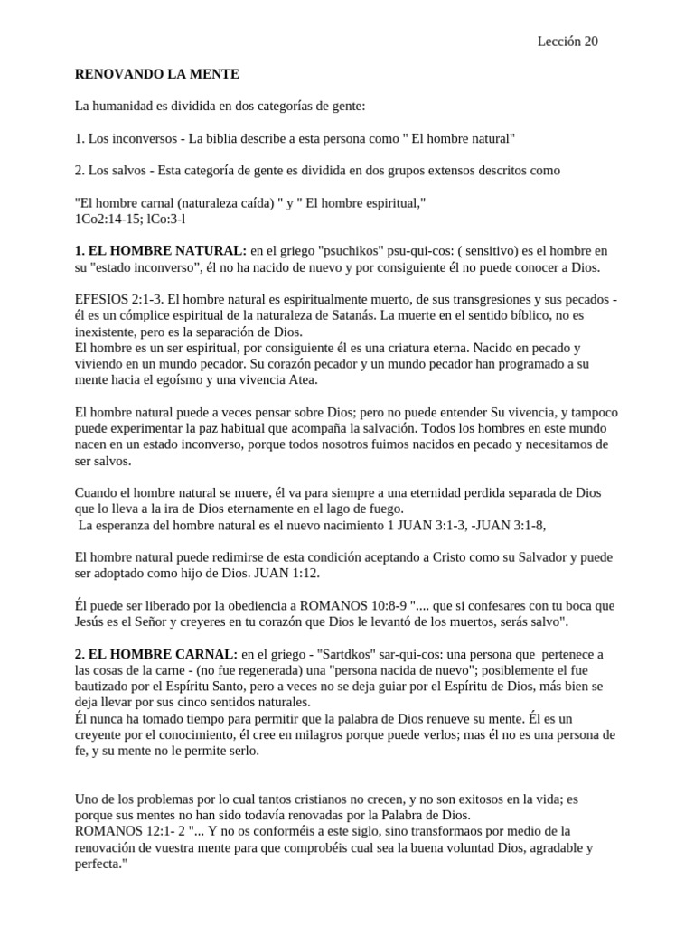 20° Leccion Renovando La Mente | PDF | Pecado | Dios