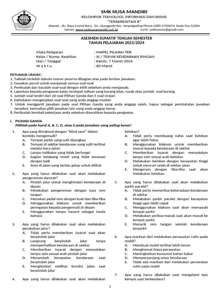 Soal Asts Mapel Pilihan TKR 20242025 | PDF