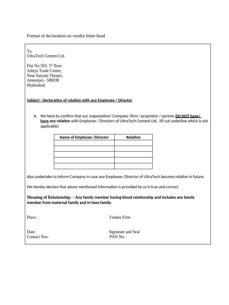 Vendor Relation Ship Declaration | PDF