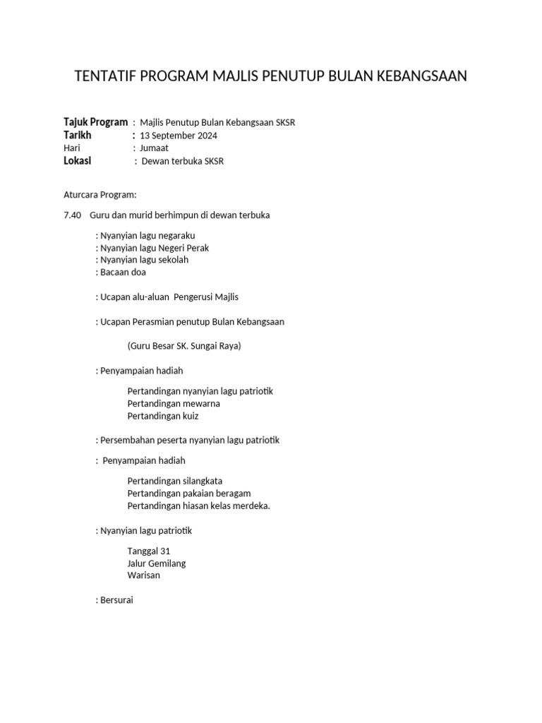 Tentatif Program Majlis Penutup Bulan Kebangsaan | PDF