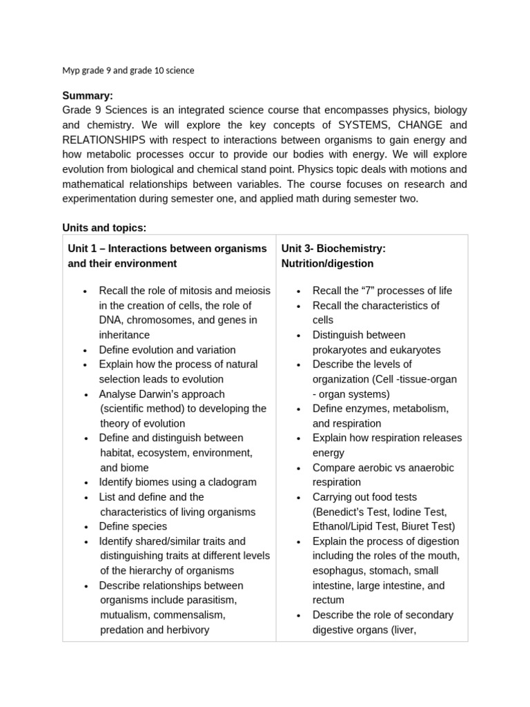 Myp Grade 9 and Grade 10 Science | PDF | Heat | Science