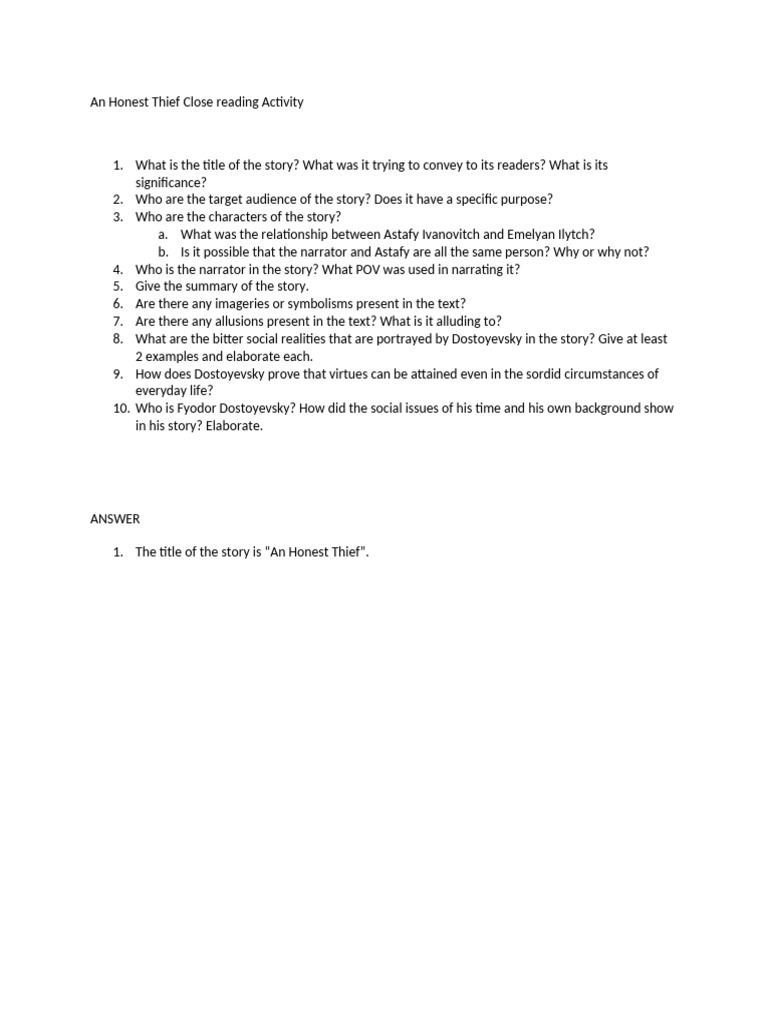 An Honest Thief Close reading Activity | PDF
