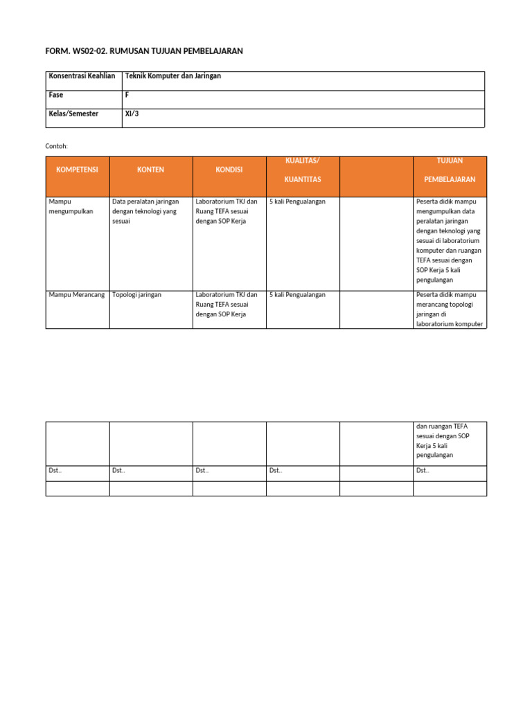 Form. WS02-02. Contoh Rumusan Tujuan Pembelajaran | PDF