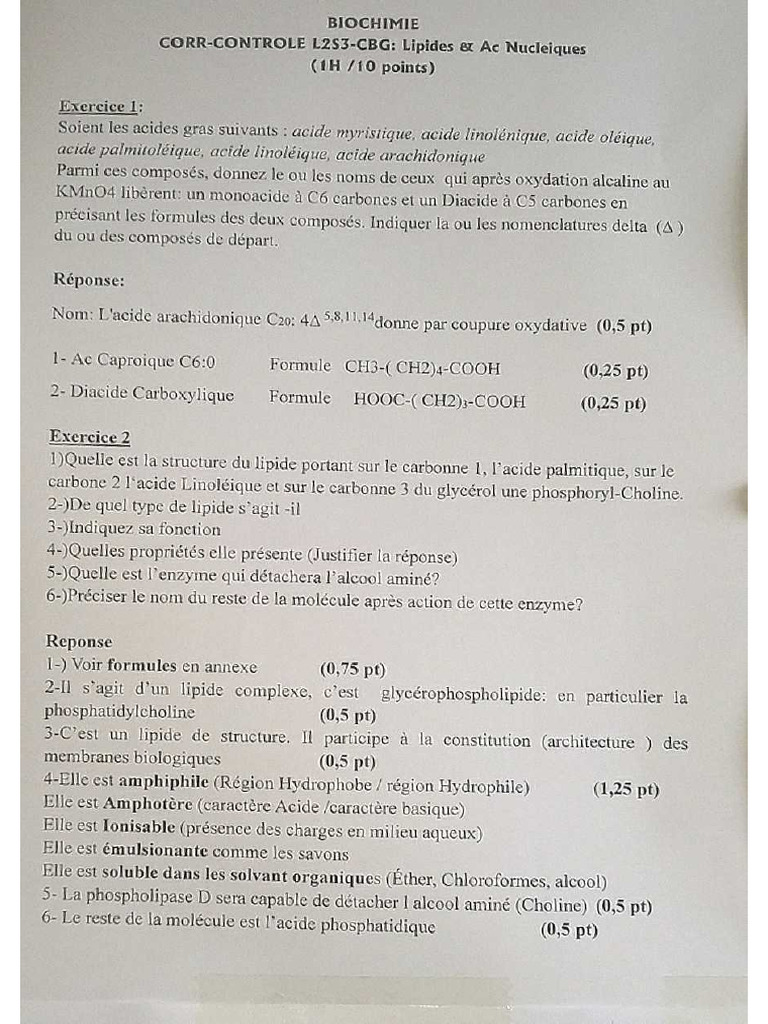 Correction Controle Biochimi Partie Lipide-2021 | PDF