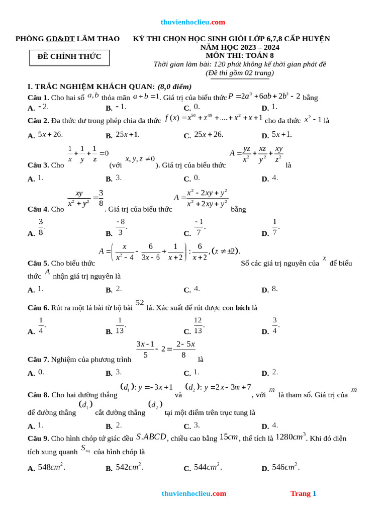 De Thi HSG Toan 8 Huyen Lam Thao 23 24 | PDF