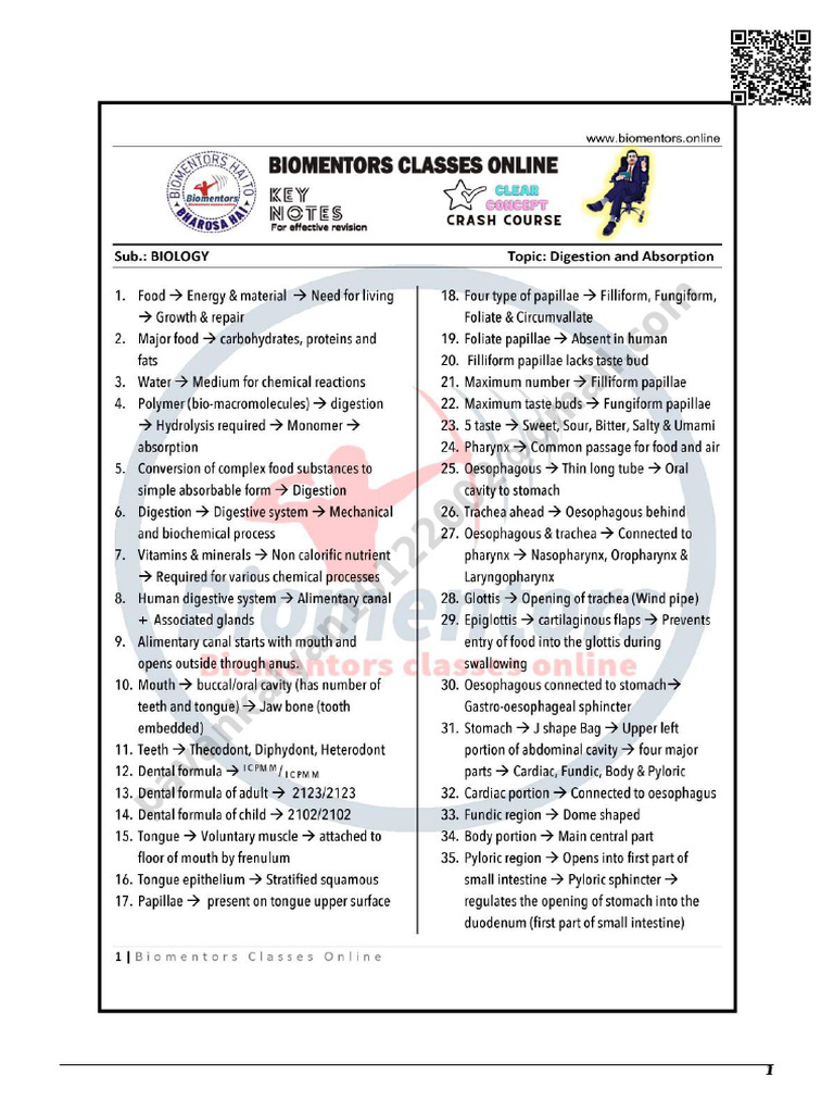 Biology - Digestion and Absorption - Crash Course Notes | PDF