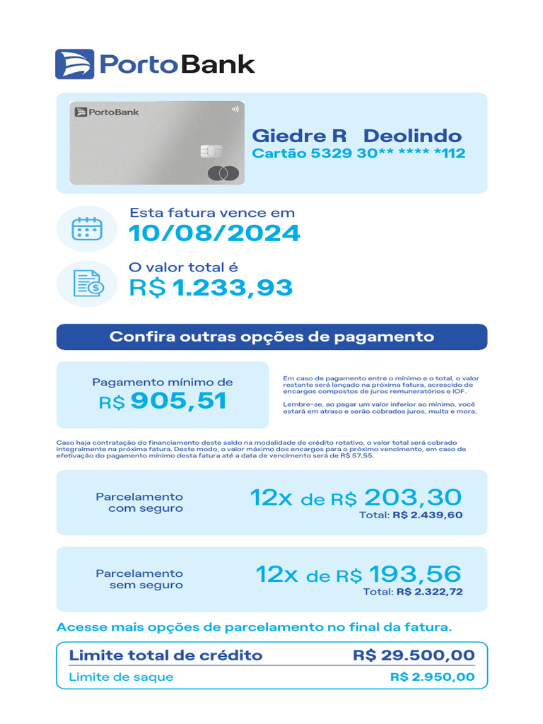 Fatura Porto Seguro MASTERCARD AGO 2024 | PDF