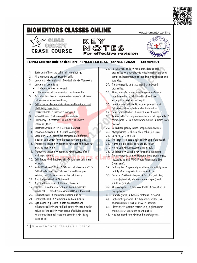 Biology - Cell - The Unit of Life Part 1 - Crash Course Notes | PDF