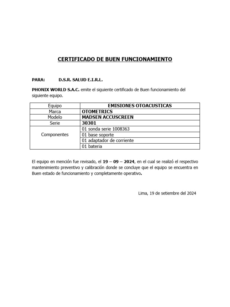 Certificado de Buen Funcionamiento Accuscreen Buenaventura 2024 | PDF