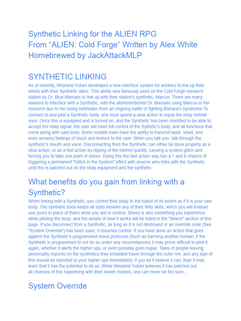 Synthetic Linking ALIEN RPG | PDF