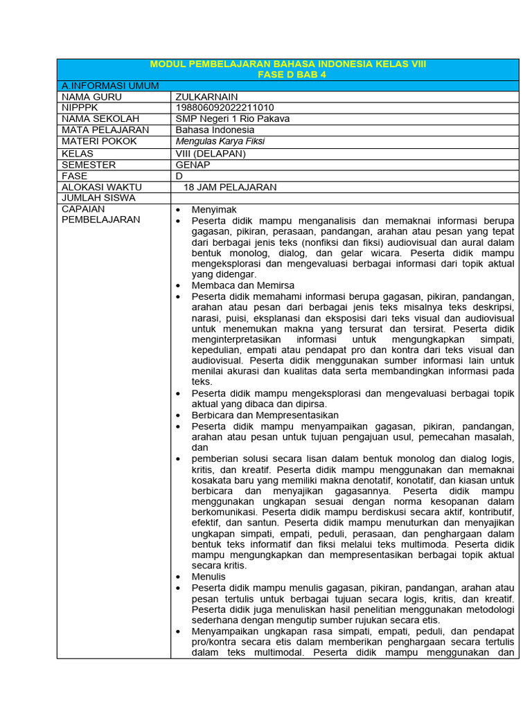 MODUL AJAR B. INDONESIA 8 BAB 4 | PDF
