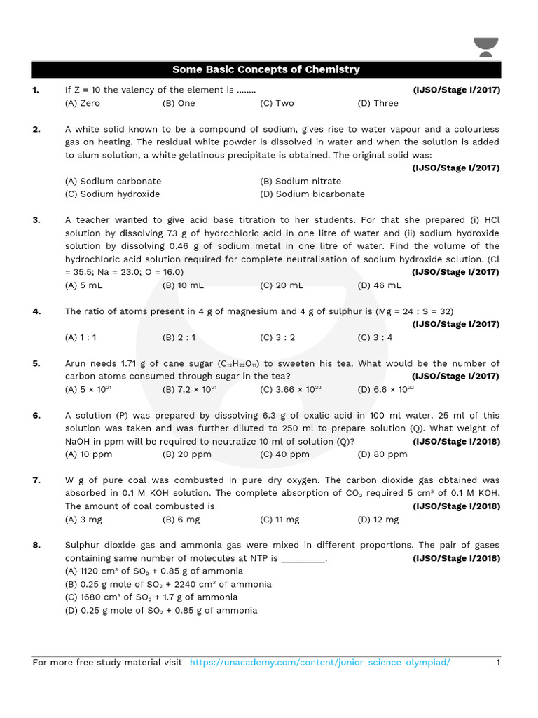 Some Basic Concepts of Chemistry Questions | PDF