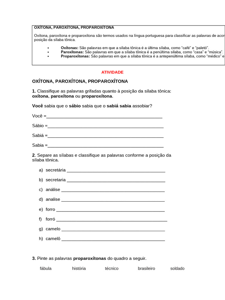 Atividade OXÍTONA, Paroxítona e Proparoxítona 07 de Março | PDF