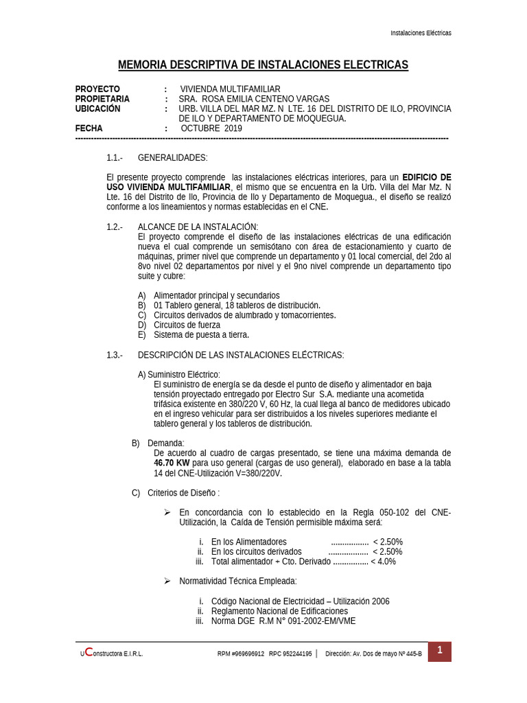 05.-Uc - Memoria de Calculo Instalaciones Electricas | PDF