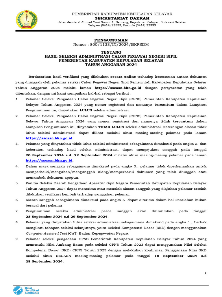61 File Pengumuman Hasil Seleksi Administrasi CPNS Tahun 2024 Pra Sanggah | PDF
