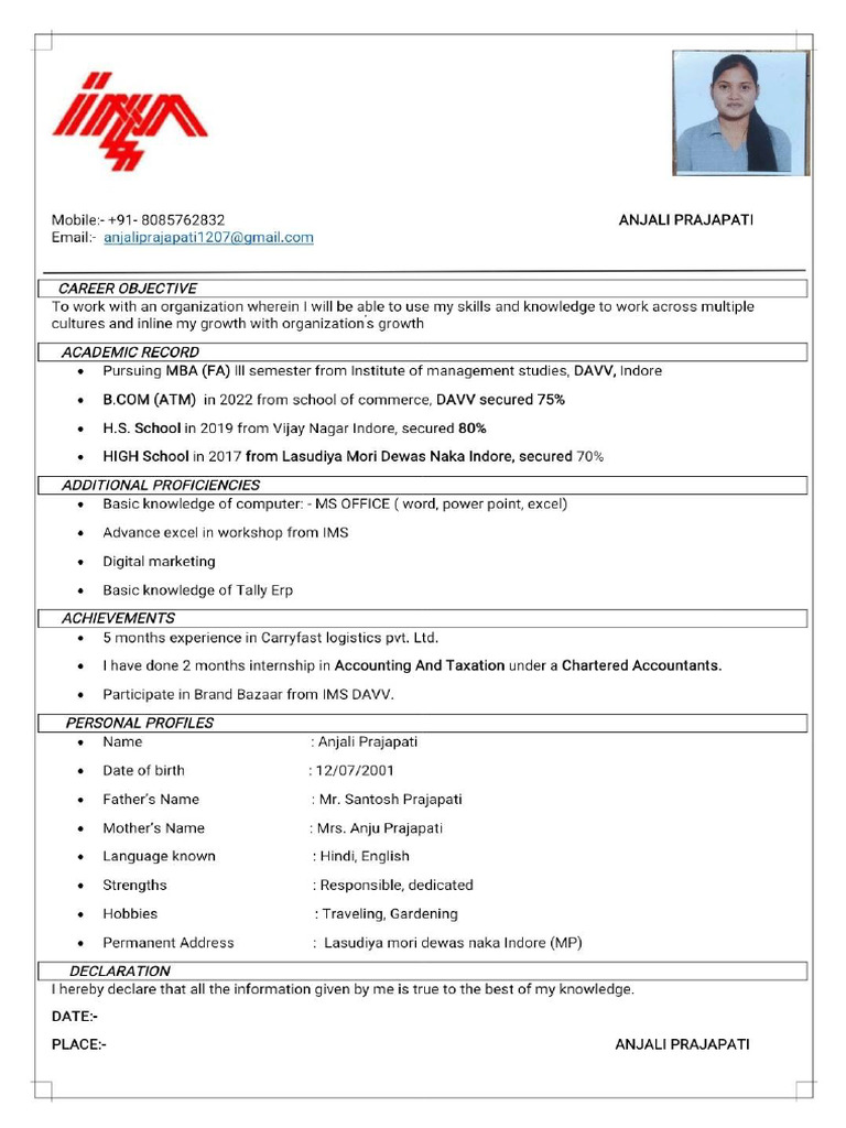 Anjali Prajapati FA Ims Davv | PDF