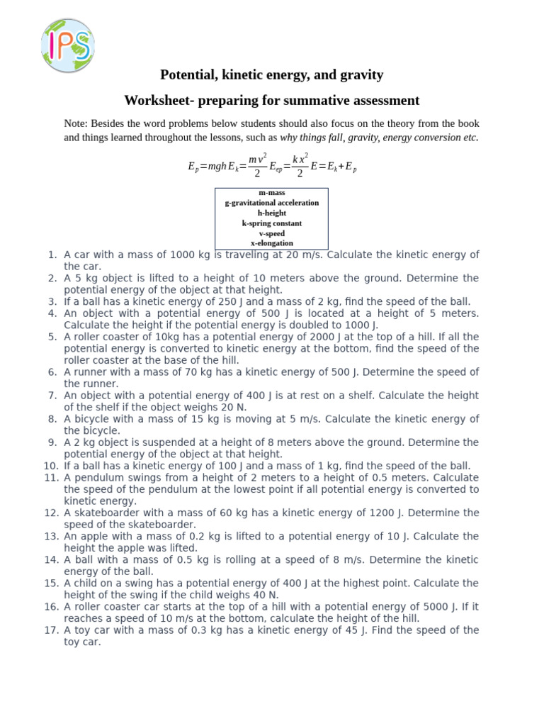 Potential, Kinetic Energy, and Gravity Worksheet-Preparing For ...