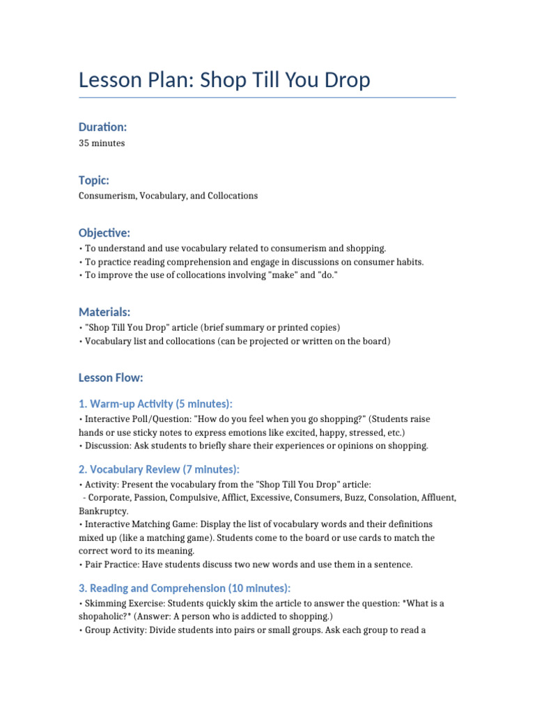 Shop Till You Drop Lesson Plan | PDF