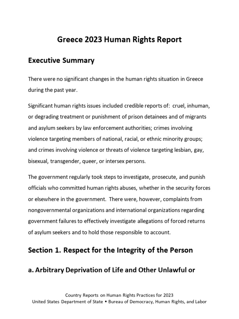 Greece 2023 Human Rights Report | PDF | Refugee | Detention (Imprisonment)