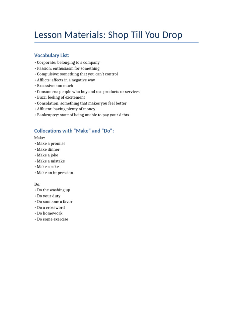 Shop Till You Drop Lesson Materials | PDF