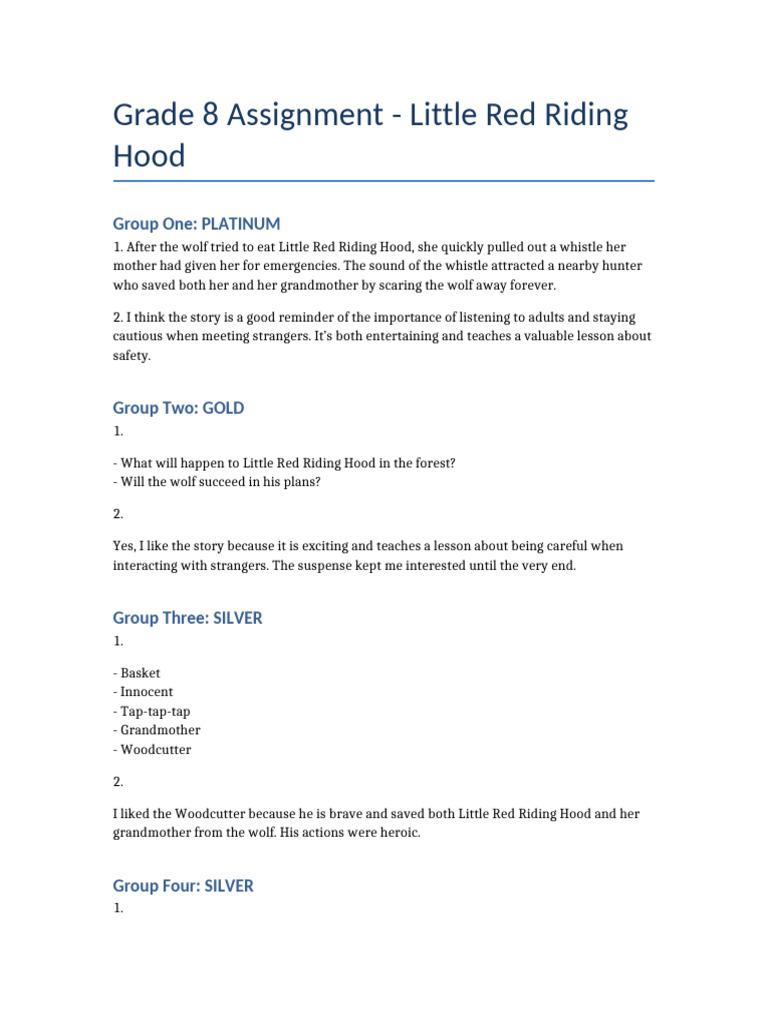 Grade 8 Assignment Little Red Riding Hood | PDF