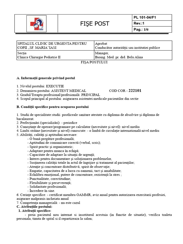 Fisa Post Asistenta PL Chir2 | PDF