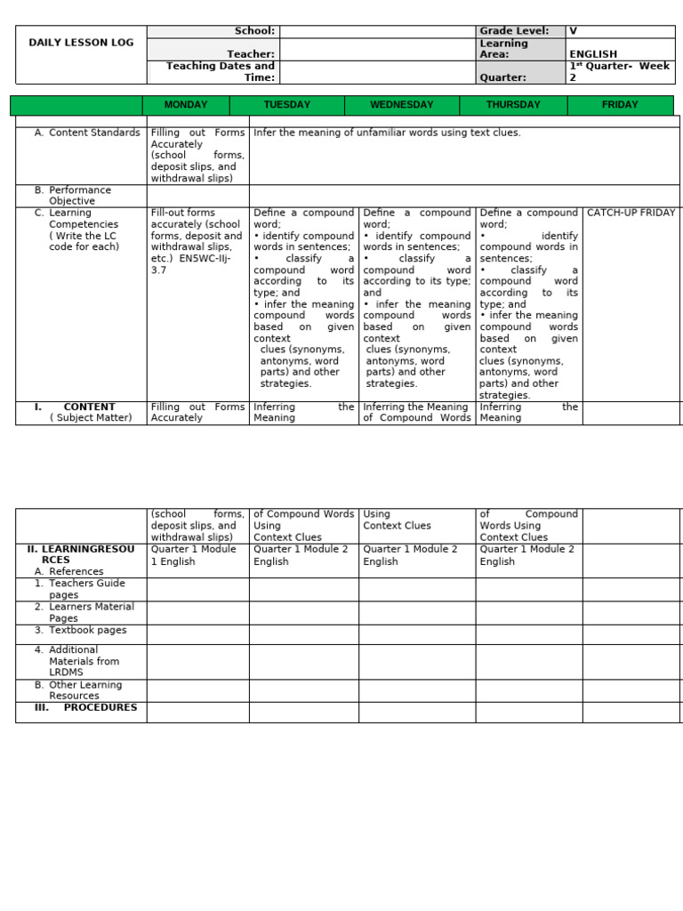 DLL Week 2 English Quarter 1 | PDF