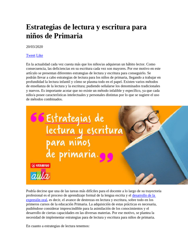 Estrategias de Lectura y Escritura para Niños de Primaria | PDF ...