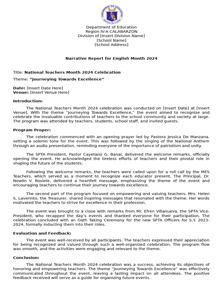 Narrative Report - National Teachers Month 2024 | PDF