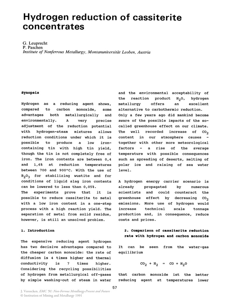 Hydrogen Reduction of Cassiterite Concentrates | PDF
